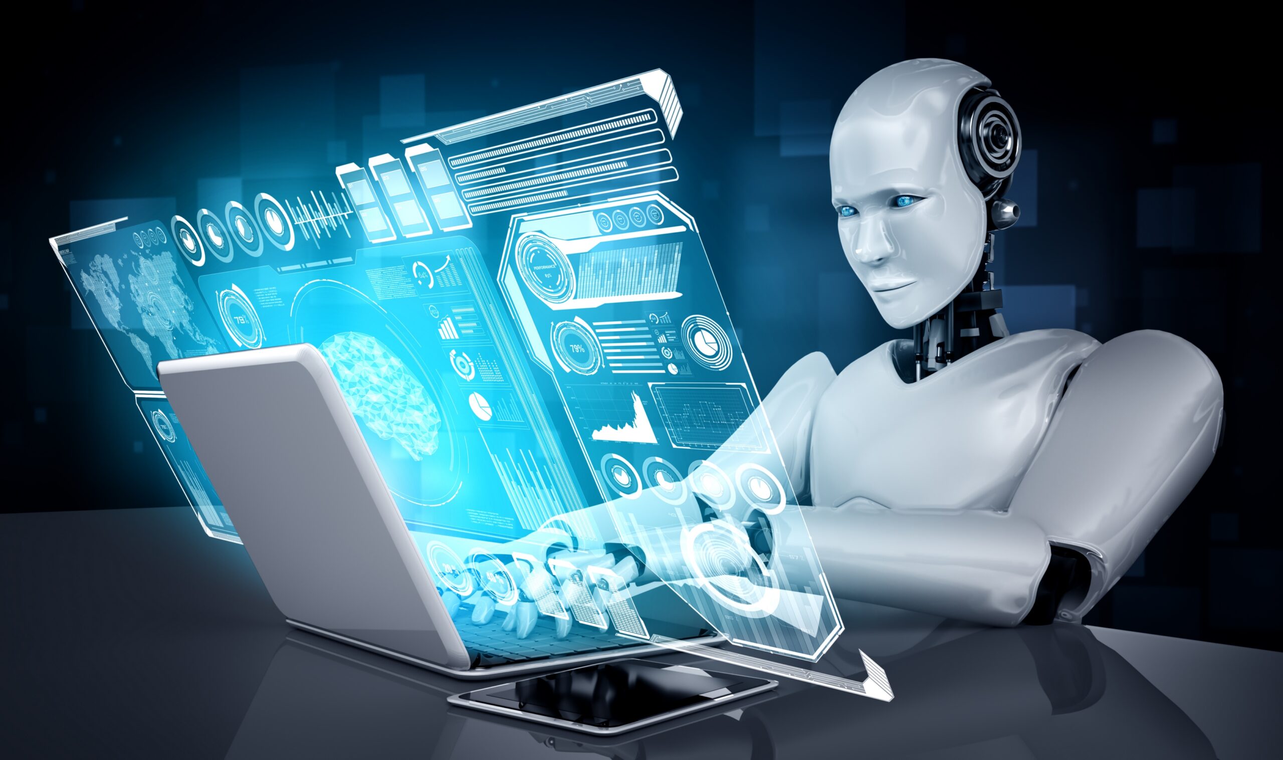 Robot humanoid use laptop and sit at table for big data analytic ...